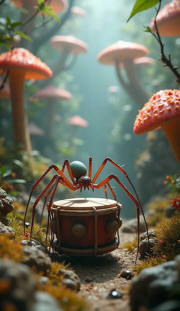 Surreal scenes in photorealistic style. A spider playing a drum - SeaArt AI
