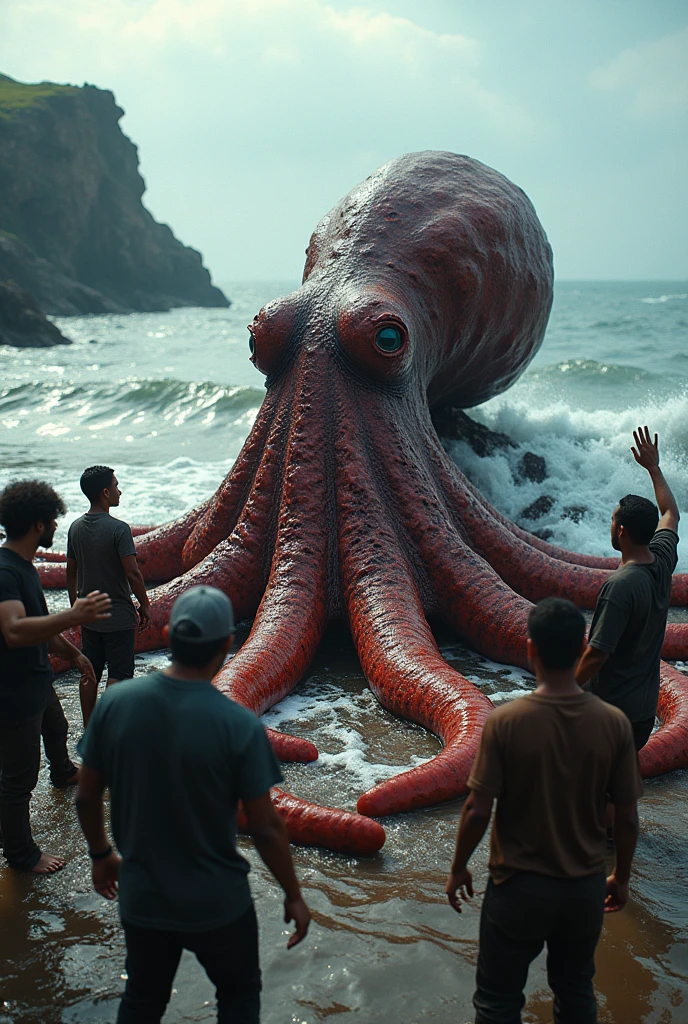 A photo of a group of fishermen who have just caught a very Giant scary ...