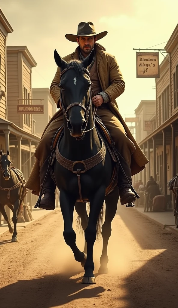 A cowboy on a black horse entering an old western city and in the ...