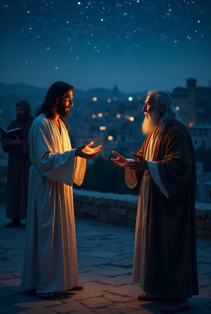 On a quiet, starry night , Jesus and Nicodemus are sitting under the ...