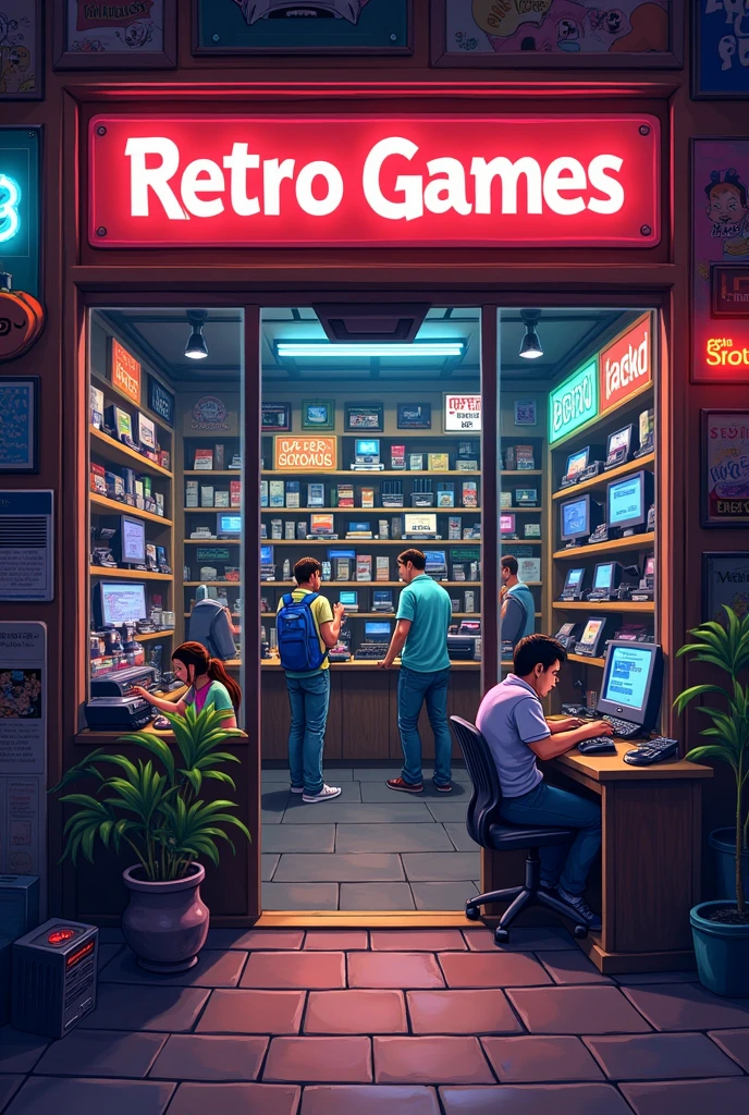 A store, with consoles and games inside the store , and the window ...