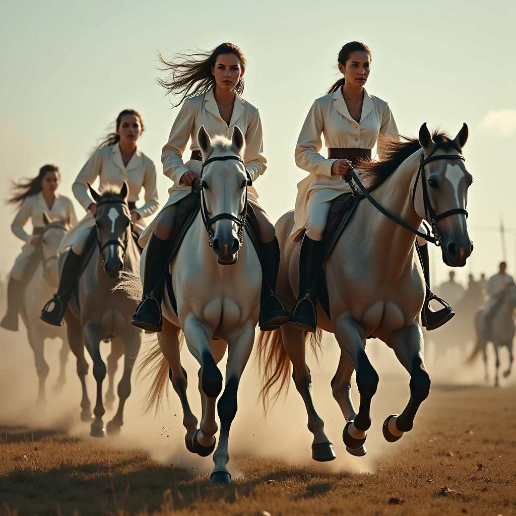A female cavalry unit is riding a charge against an enemy across a ...