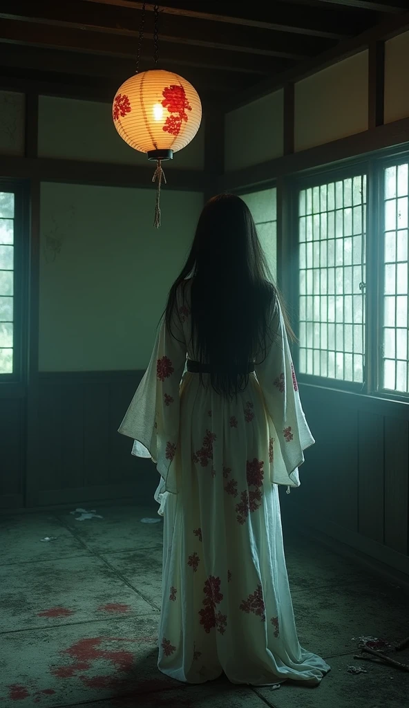 "A ghostly figure with long, disheveled hair stands in a dimly lit ...