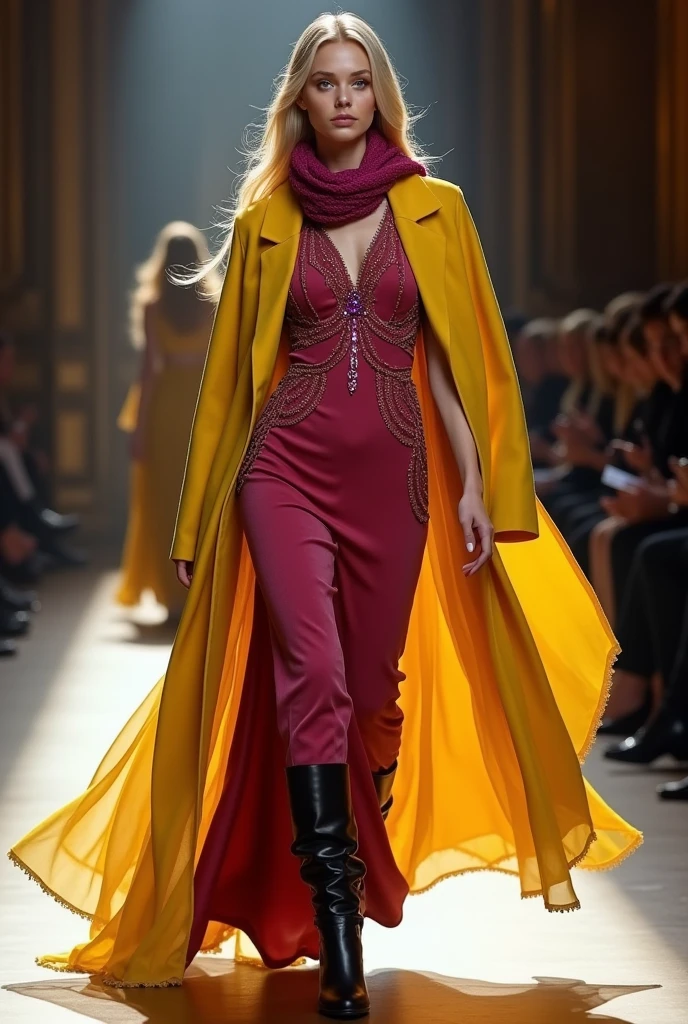 Fashion show, blonde woman, very long blond hair, dark blue eyes ...