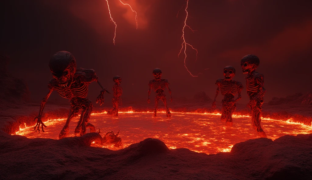 A hellish lava lake with charred skeletons sticking out of it - SeaArt AI