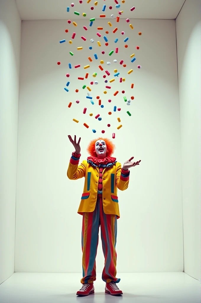 Create a clown throwing colorful pills upwards in a Studio Room - SeaArt AI
