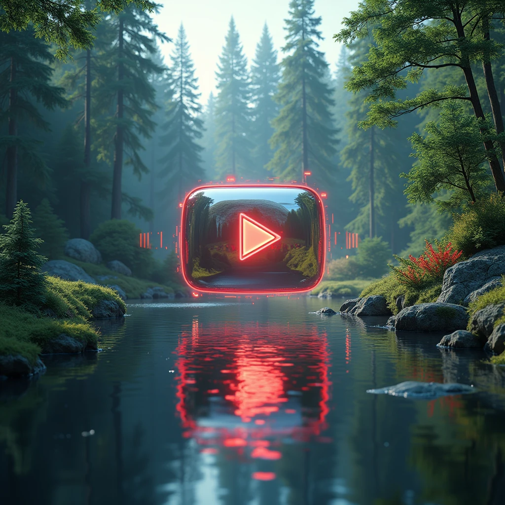 A futuristic YouTube logo is displayed prominently in the center of the ...