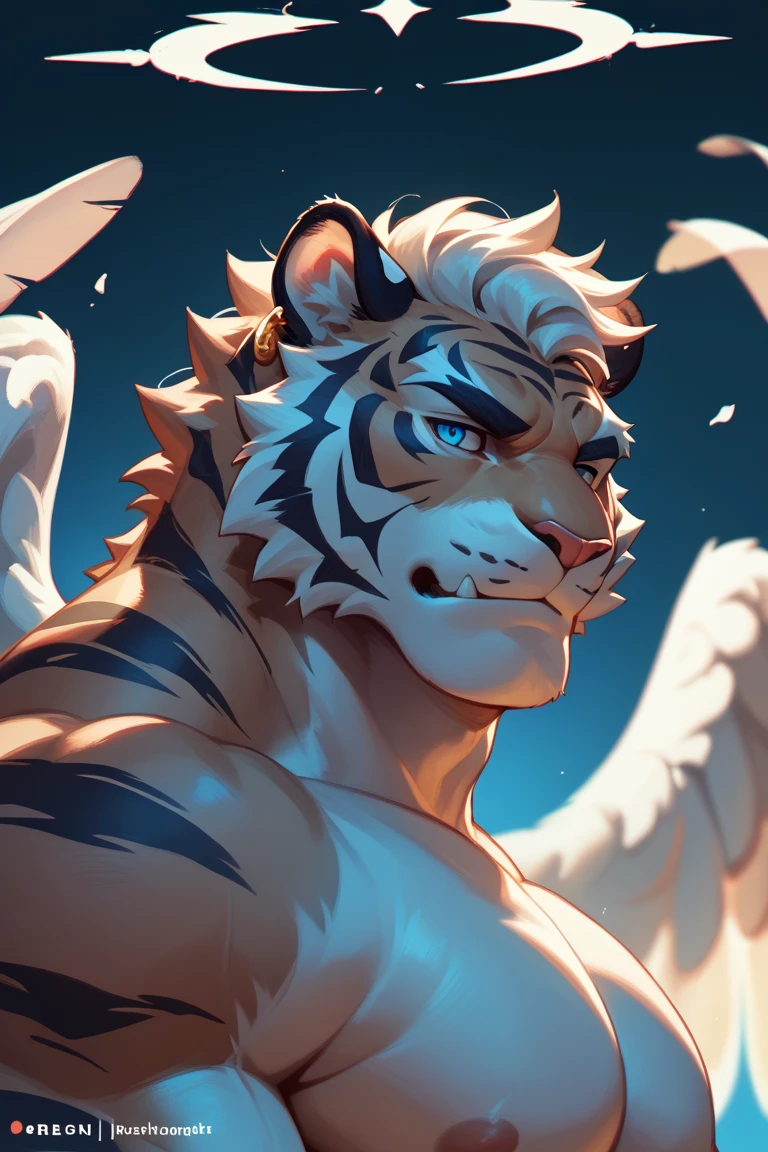 Furry，white fur， muscular ，blue eyes，black tiger ear，“upper body ...