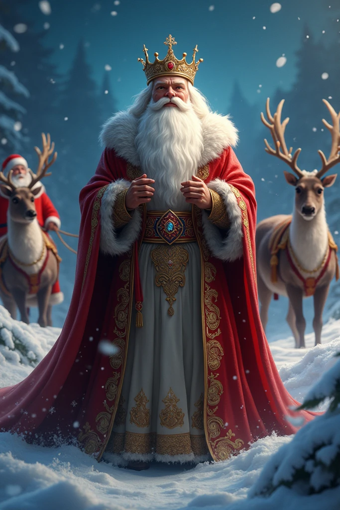 White-bearded king with crown , on a Christmas night with Santa Claus ...