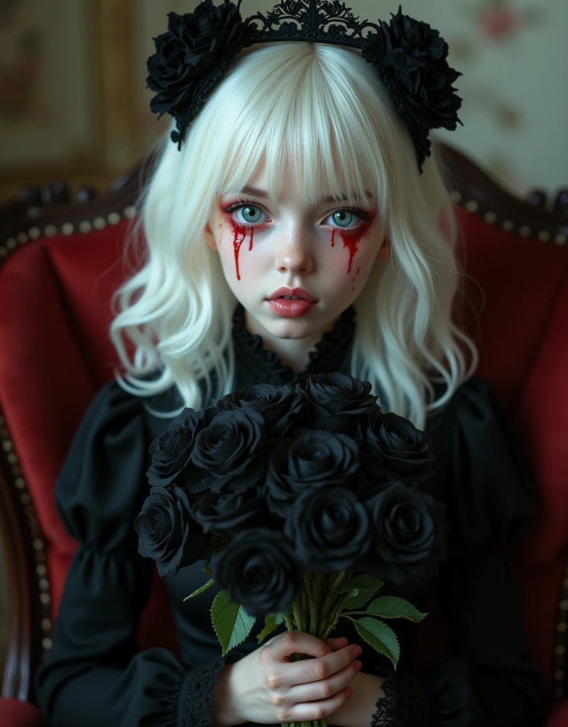 (1 cute albino european girl), , blue eyes, skin white as snow - SeaArt AI