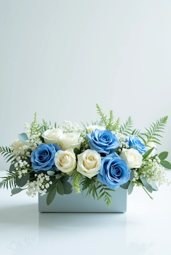 Straight line flower arrangement of blue roses, WHITE ROSES - SeaArt AI