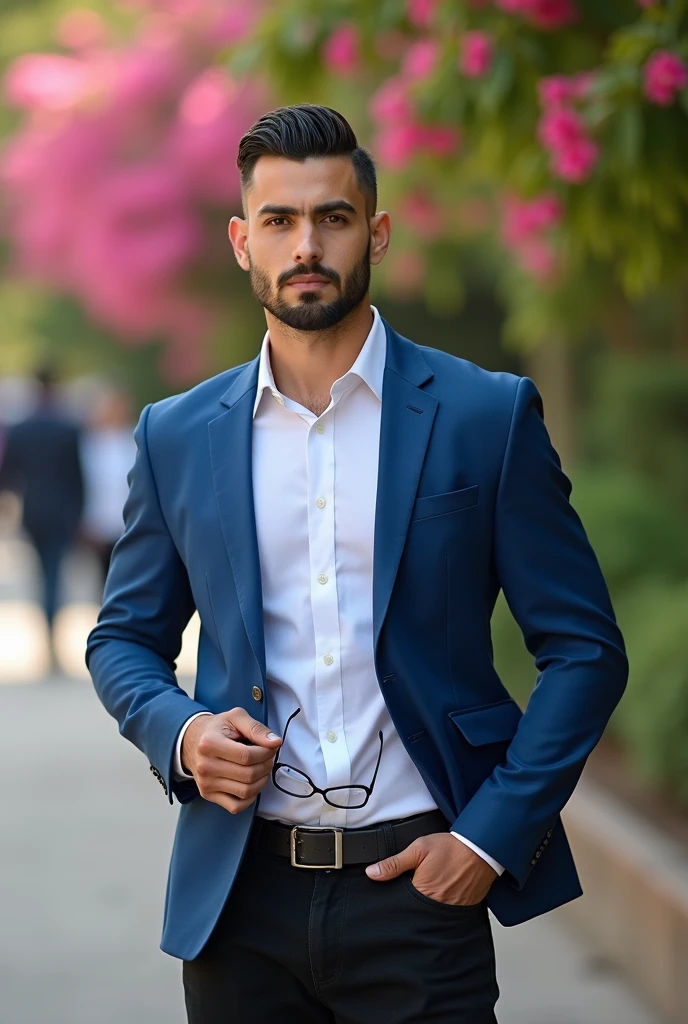 A young man with a short beard and mustache and crew cut hairstyle is ...
