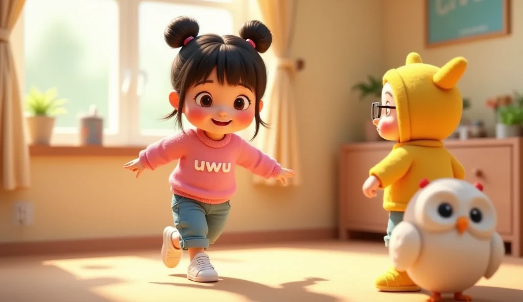 "3D animated scene in a warm and cheerful pastel style. Uwu, a cute ...
