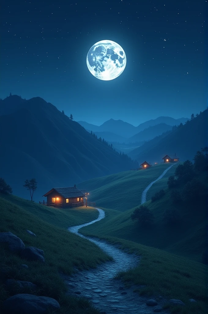 Beautiful moon with stars，Bending path ， with several illuminated huts ...