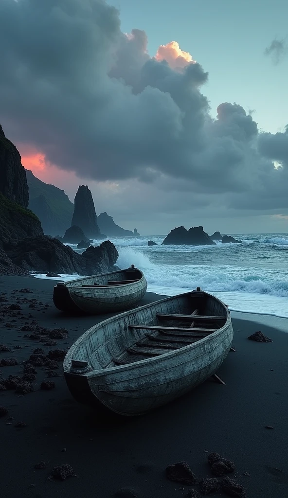 Arrival on a Desolate Shore A rugged coastline of Easter Island at dusk ...