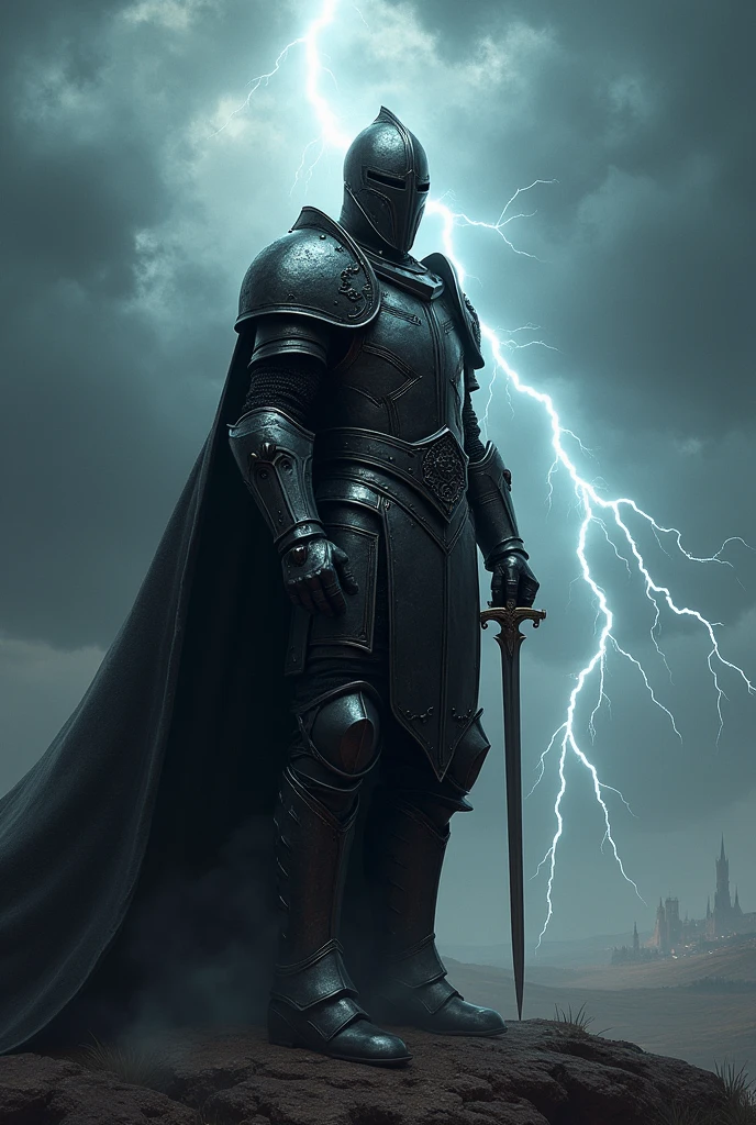 Medieval Gothic king in a lightning storm on the battlefield with his ...