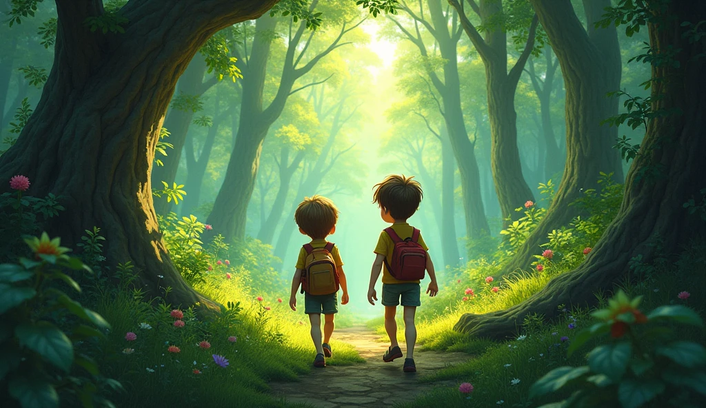 The two boy hela and pela wander in a dense forest - SeaArt AI