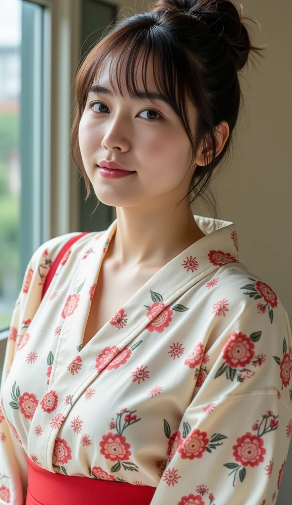 19 years old 、bangss、((( Yukata)))、Medium milk, cute face、(turned ...