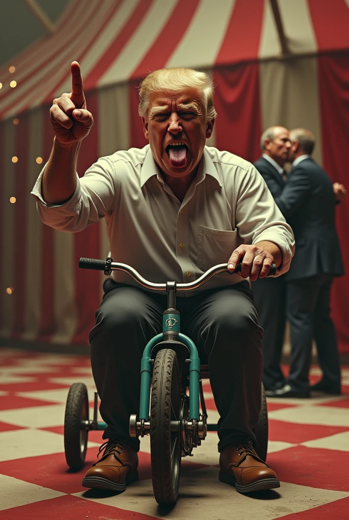 A hyperrealistic image of a circus ring with a riding a tricycle in the ...
