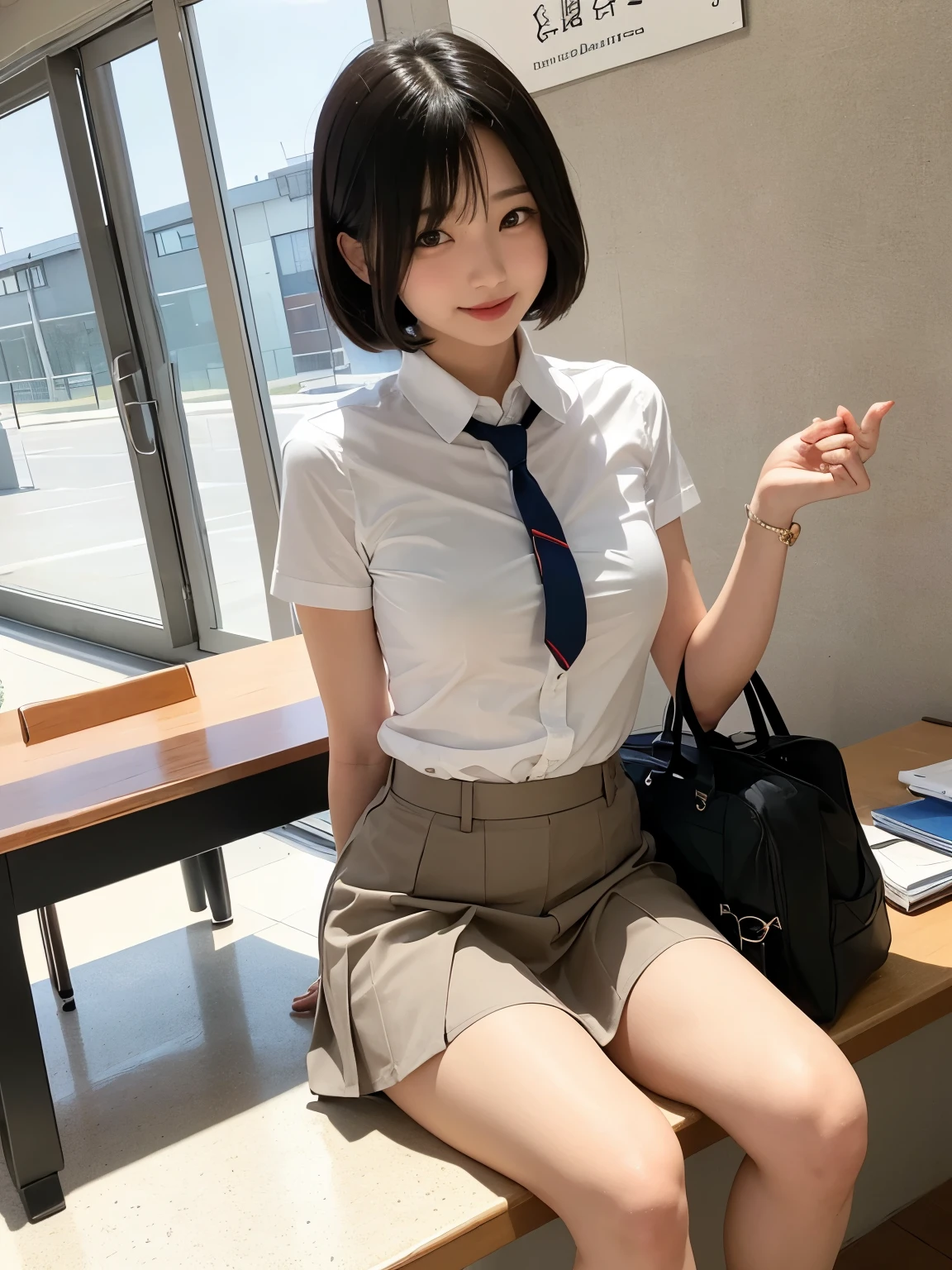 There is a woman sitting on a bench with a handbag - SeaArt AI