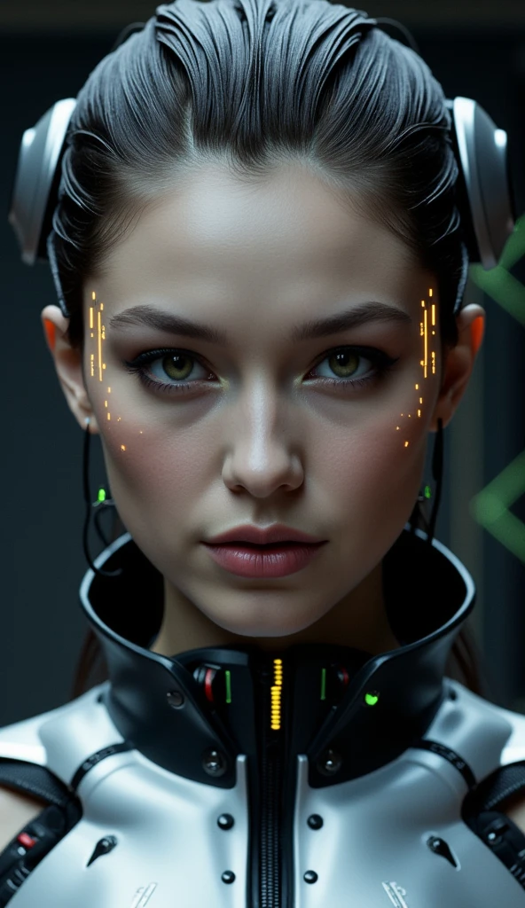 A highly detailed, realistic photo of a cybernetic woman. Her face is a ...
