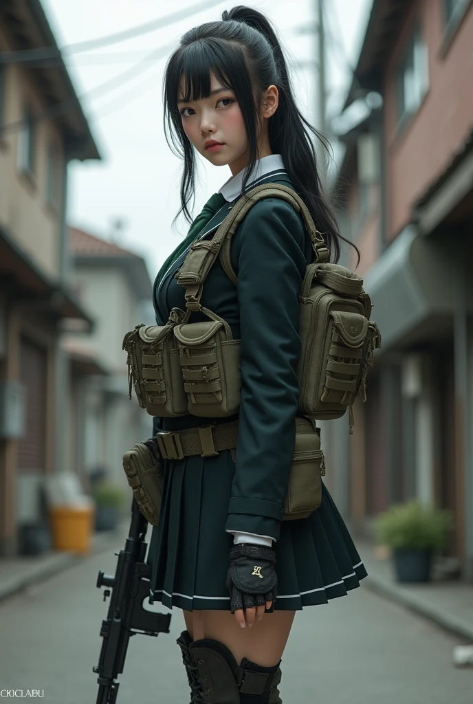 Generate a beautiful girl in a JK uniform wearing tactical gear - SeaArt AI