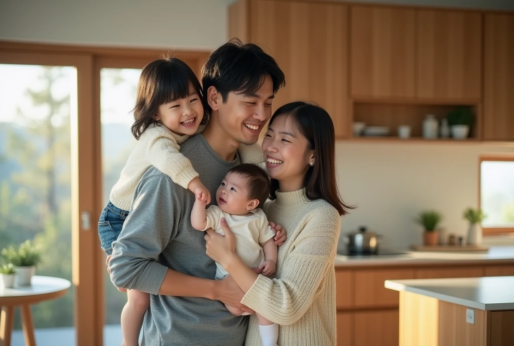A realistic photograph of a Japanese family of four sharing a joyful ...