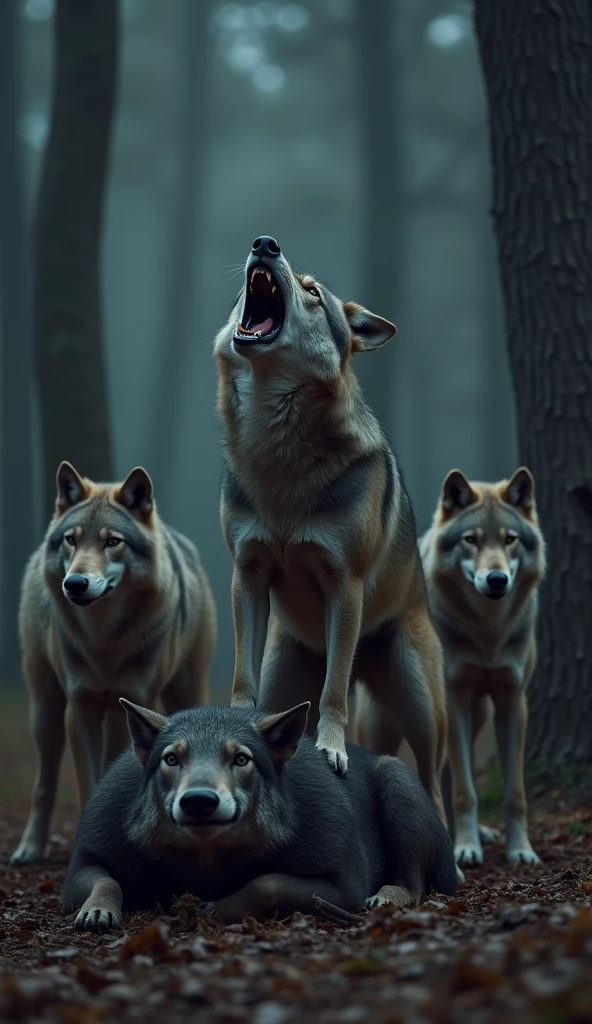 "In the shadow of the forest edge, a pack of gray wolves surrounds the ...