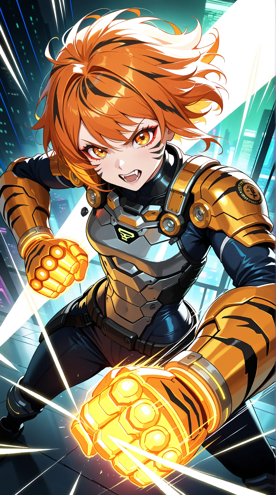 (fist focus),1girl,((orange tiger armor)), metal texture, metal ...