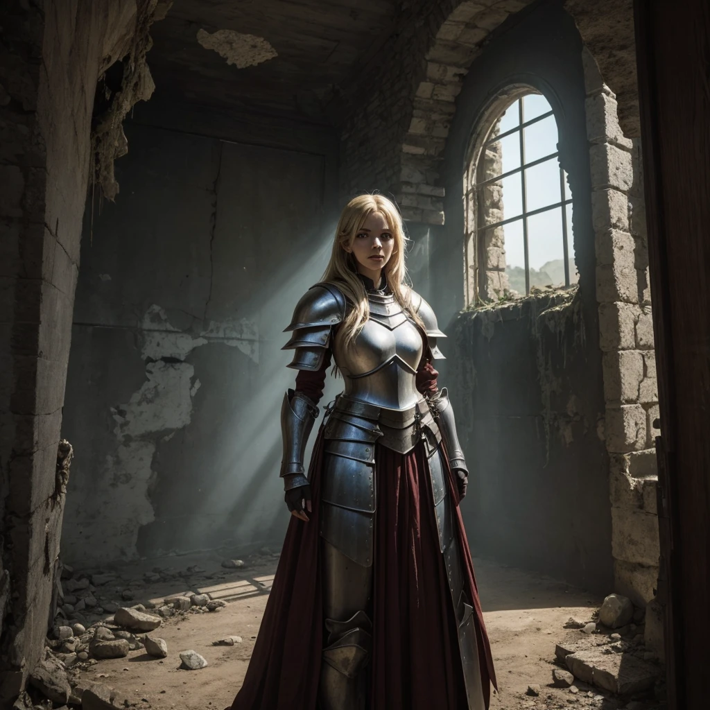 A female knight with beautiful blond medium bob hair and an indomitable ...