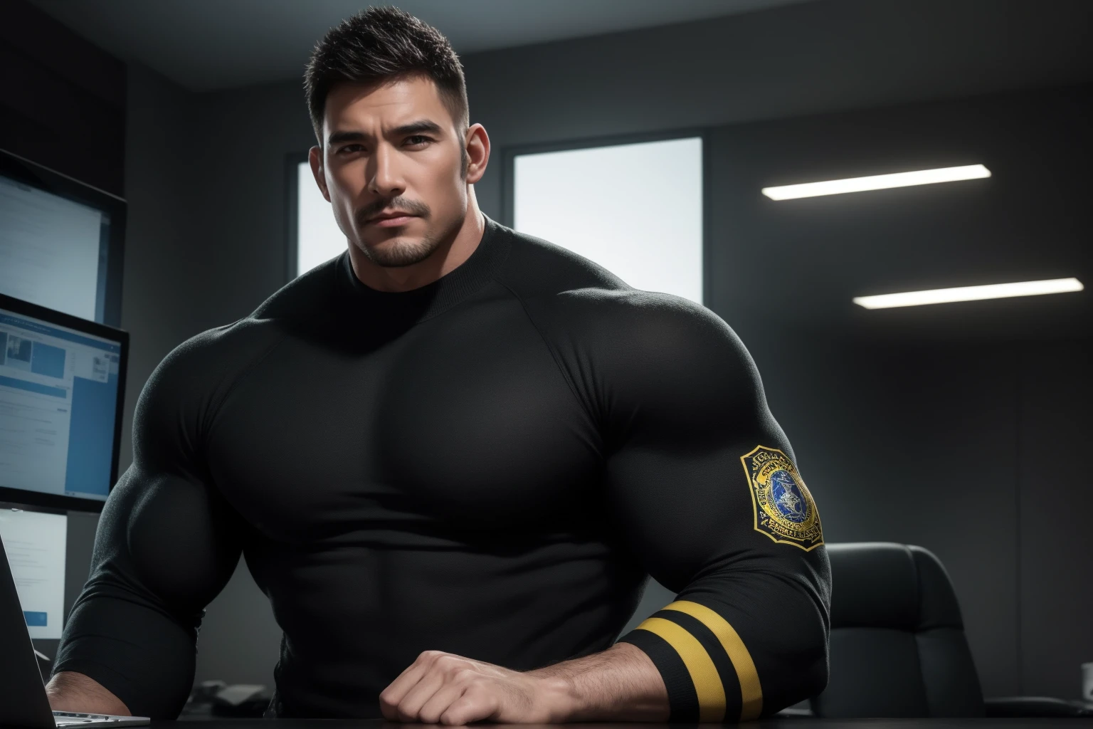 2 meters tall Muscular man， dark black and yellow line tight police ...