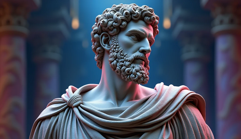 A portrait statue of the Stoic Marcus Aurelius blue purple gold white ...