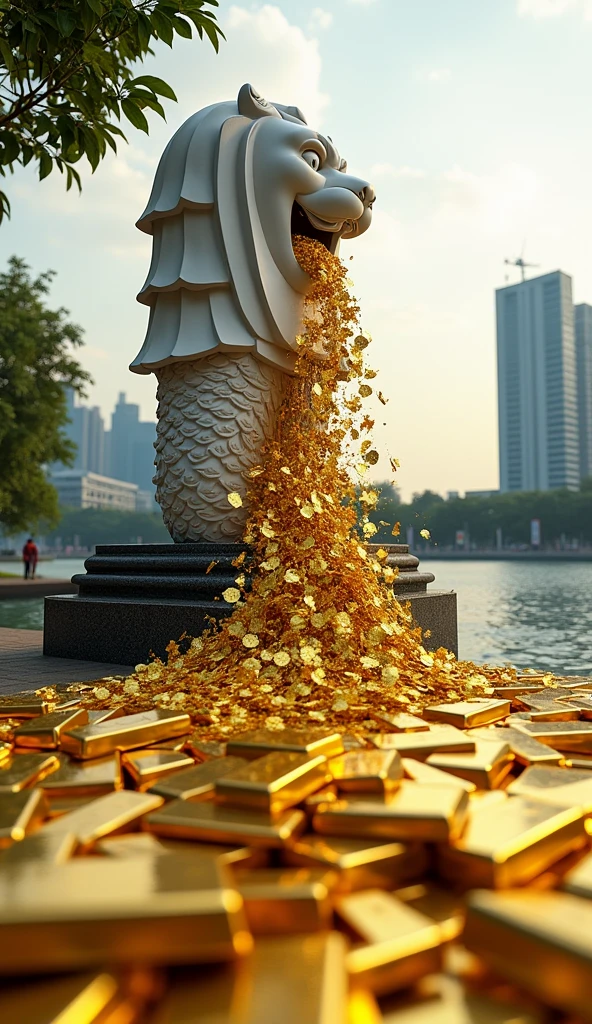 It shows gold bars pouring out of a statue of Merien in Singapore ...