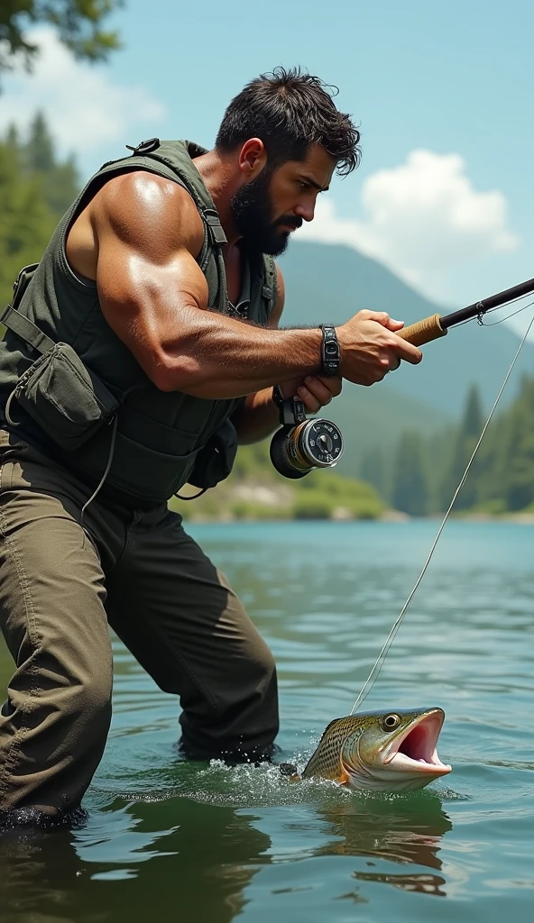 Make the person pull the hook and get a fish - SeaArt AI