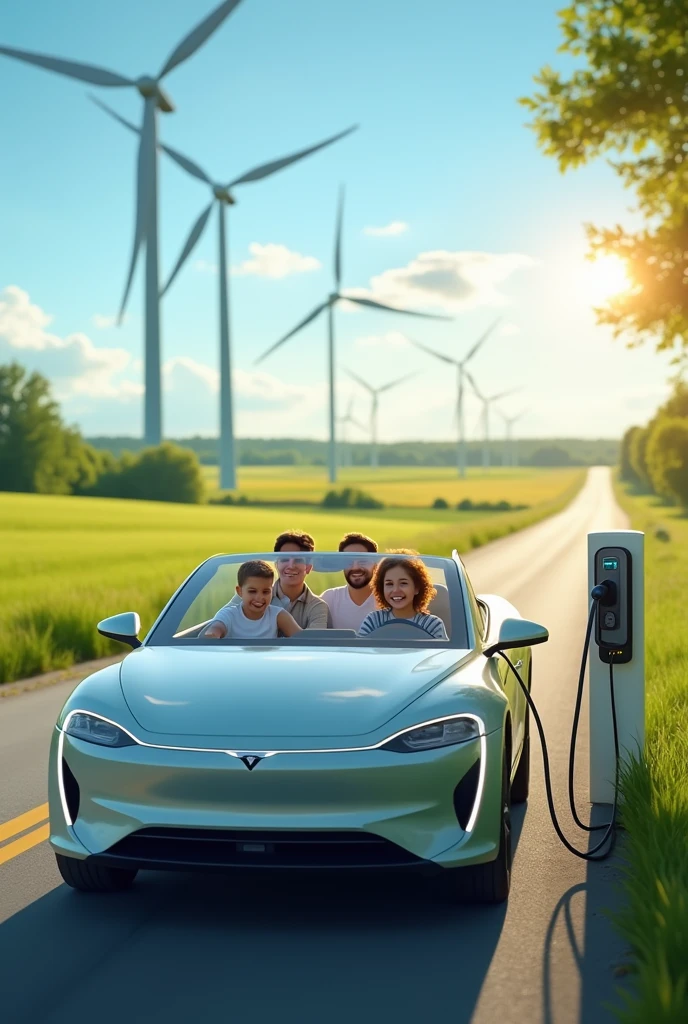 A close-up of a happy family driving their shiny new electric car ...