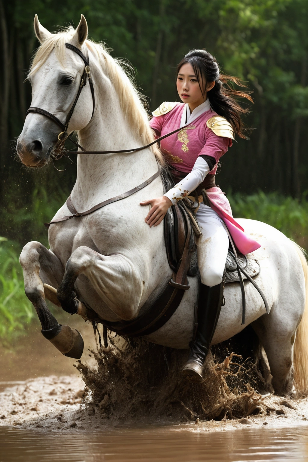 A powerful horse ridden by glamorous teenage girl ,Muddy Road - SeaArt AI