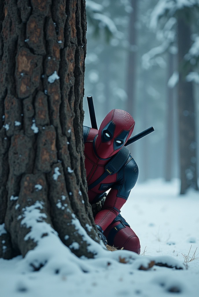 Create a photo of the character Deadpool hiding behind a frightened ...