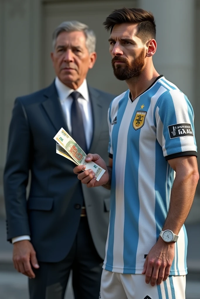 Ultra realistic image of messi in the argentina uniform with 100 notes ...