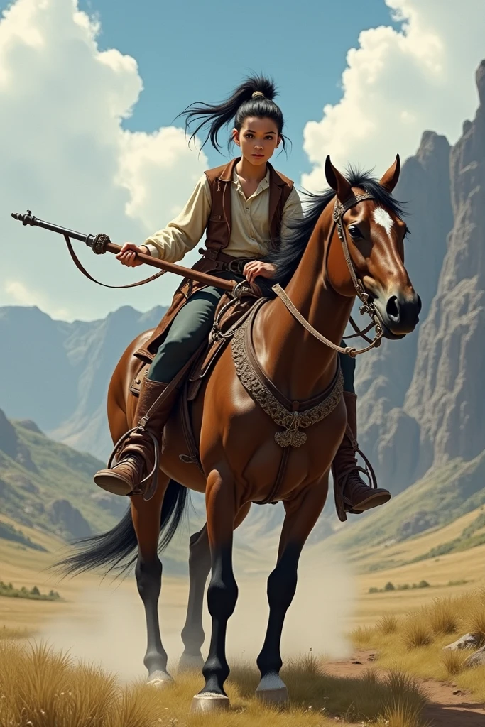Ancient high ponytail teenager riding a horse holding a long gun ...