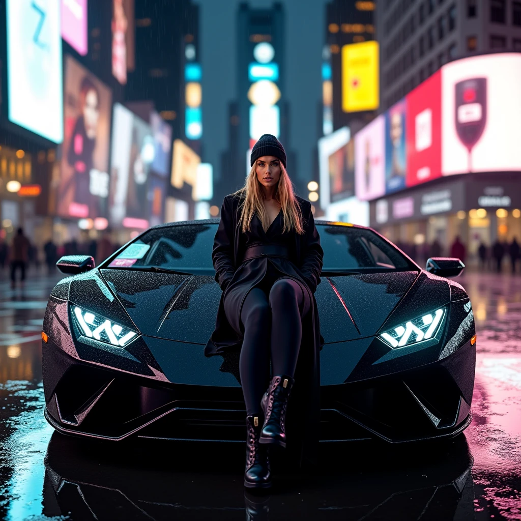 A hyper-realistic depiction of a sleek black Lamborghini with a ...
