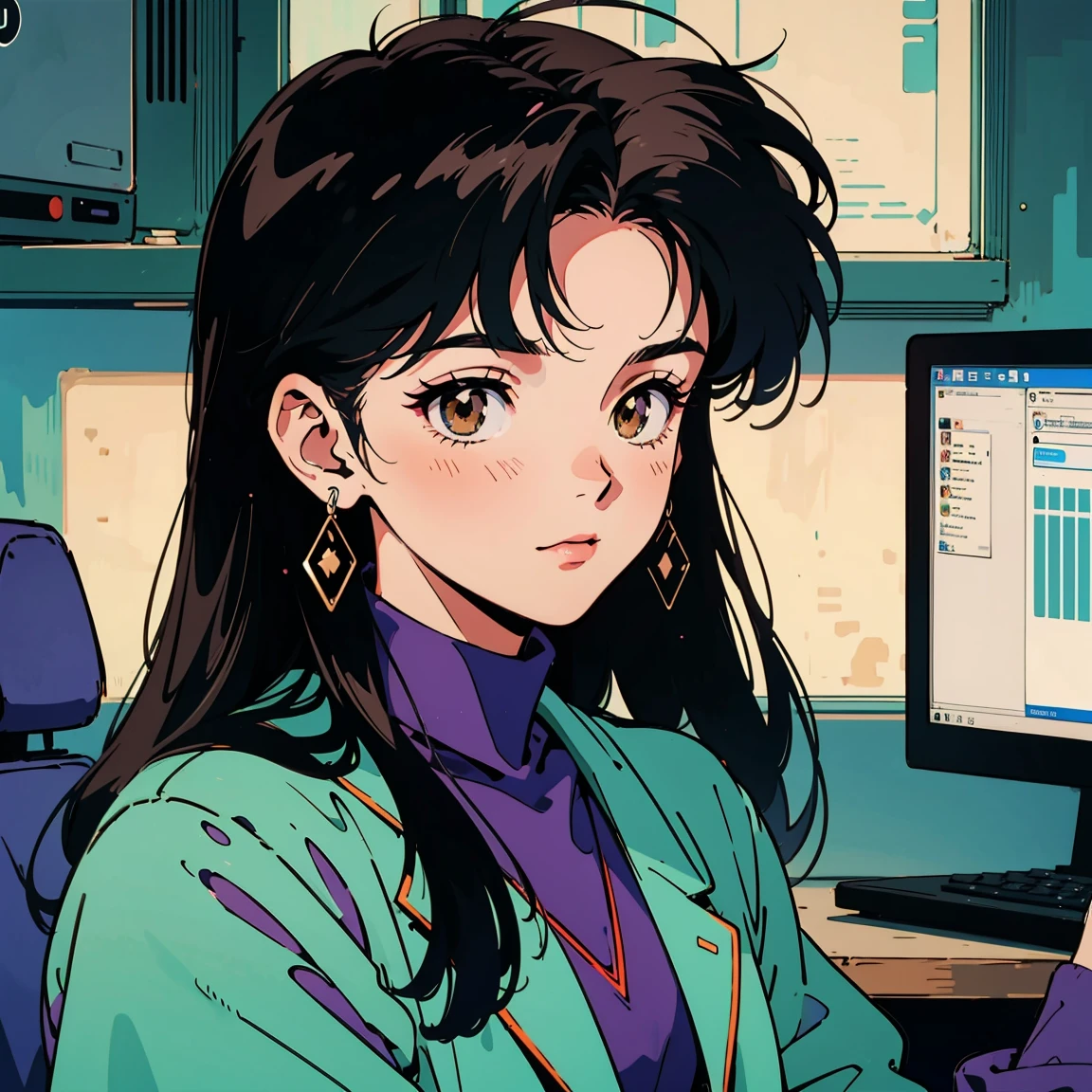 最高画質, 80年代のアニメスタイルを勉強しています, 21歳, 黒髪, 長い髪, ライトブラウンの瞳 , コンピューターで - SeaArt AI