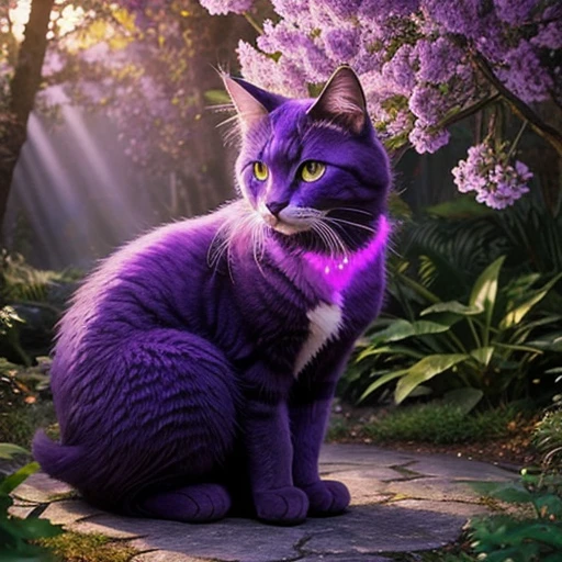 Create an image of a magnificent, furry purple cat with a shimmering ...