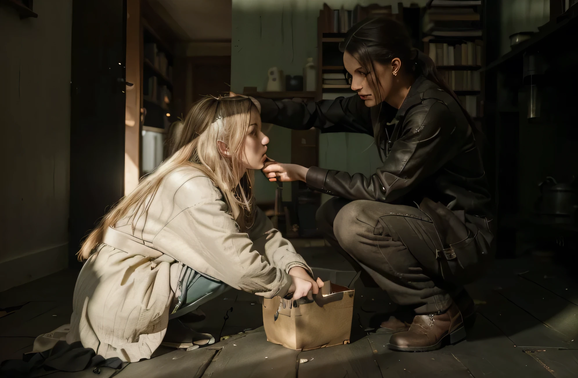 They are sitting on the floor and eating from a paper bag - SeaArt AI