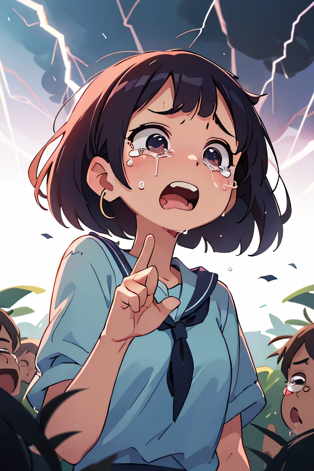 Anime girl with a surprised look on her face and a crowd of people ...