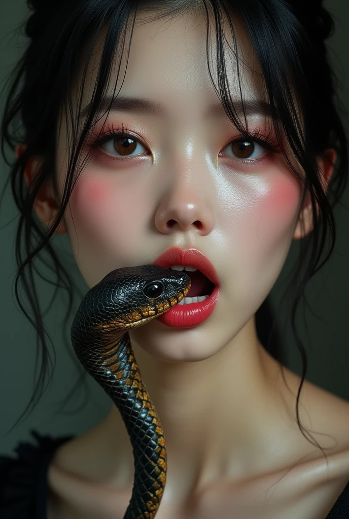 A woman with a snake around her neck and a snake around her neck ...