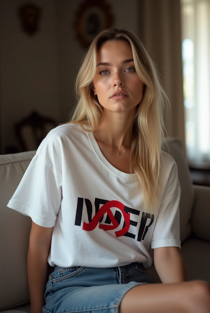 Woman in rafa sits on the sofa wearing a white shirt with a red and ...