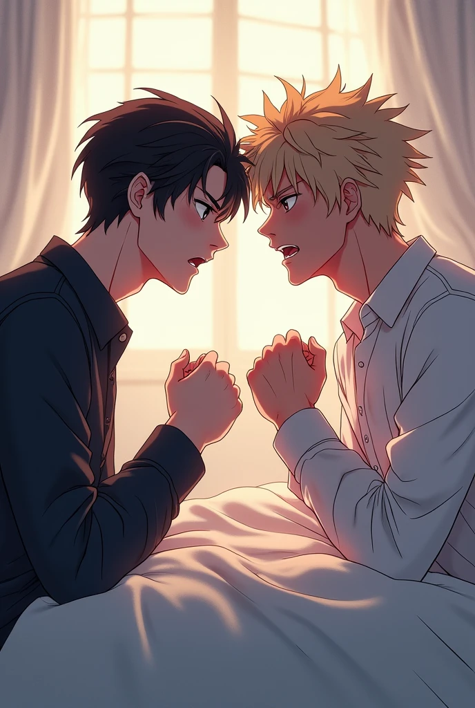 Anime guys arguing on bed - SeaArt AI