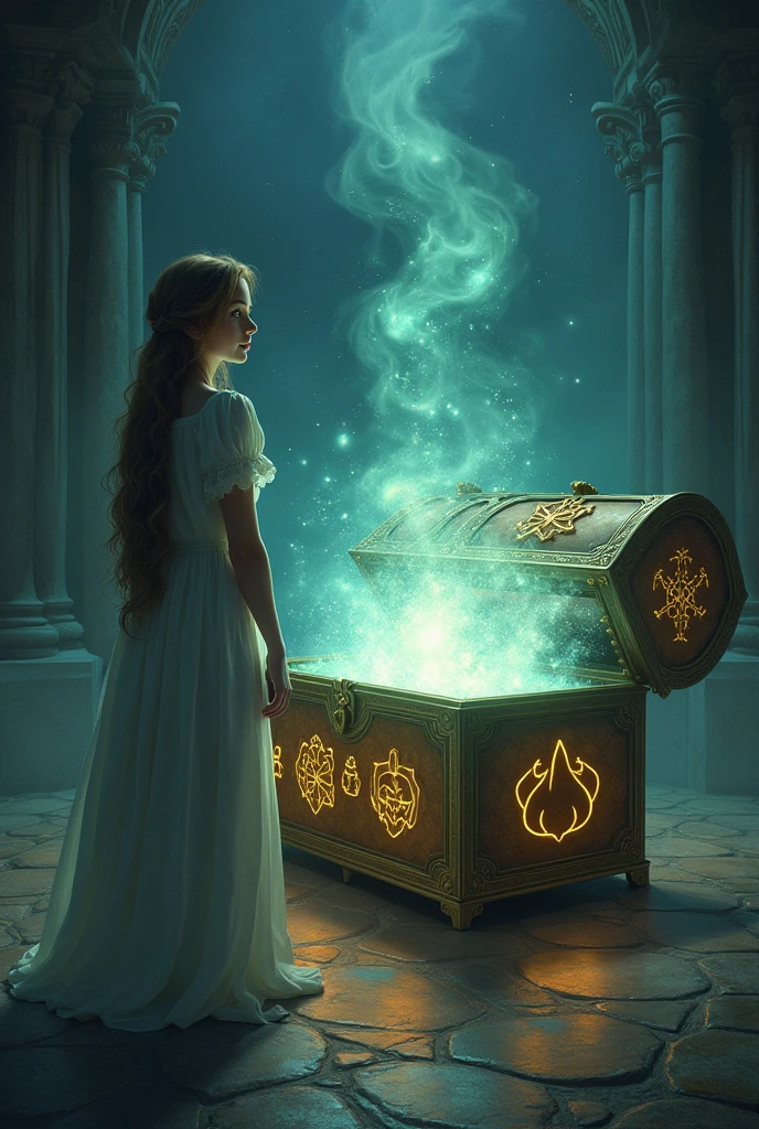 The enchanted chest slowly opens by itself, the golden symbols on its ...