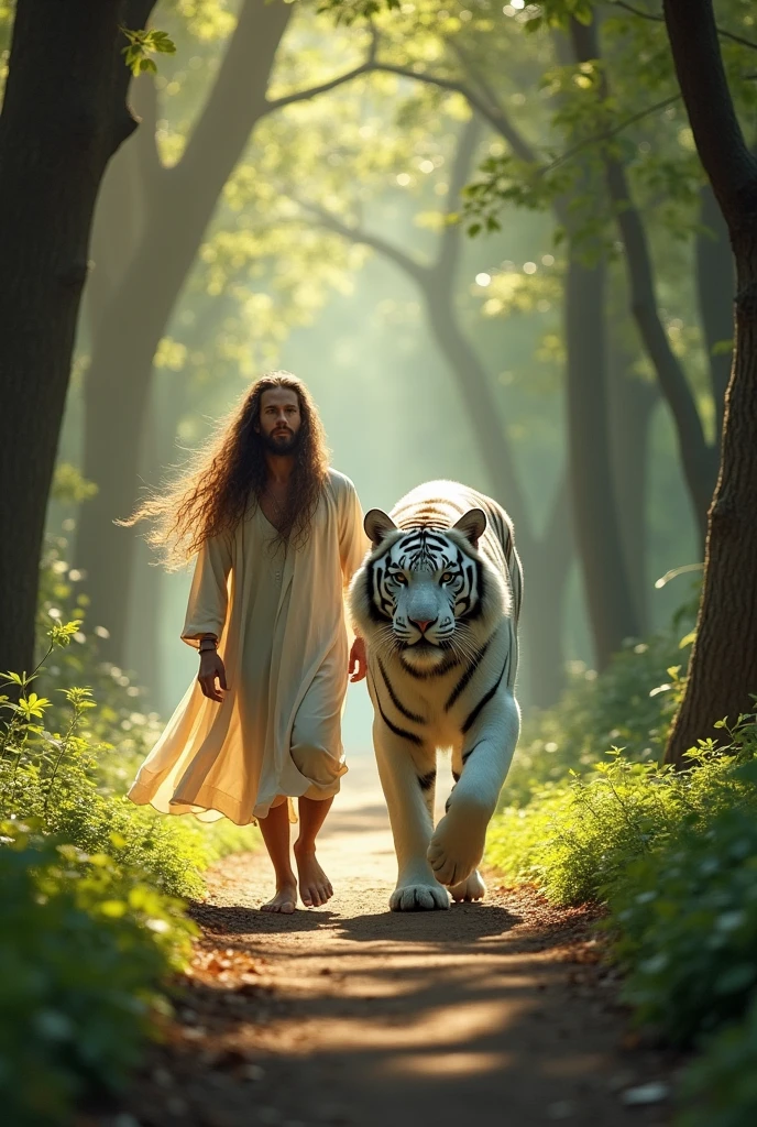 Guy gondrong walking with a white tiger - SeaArt AI