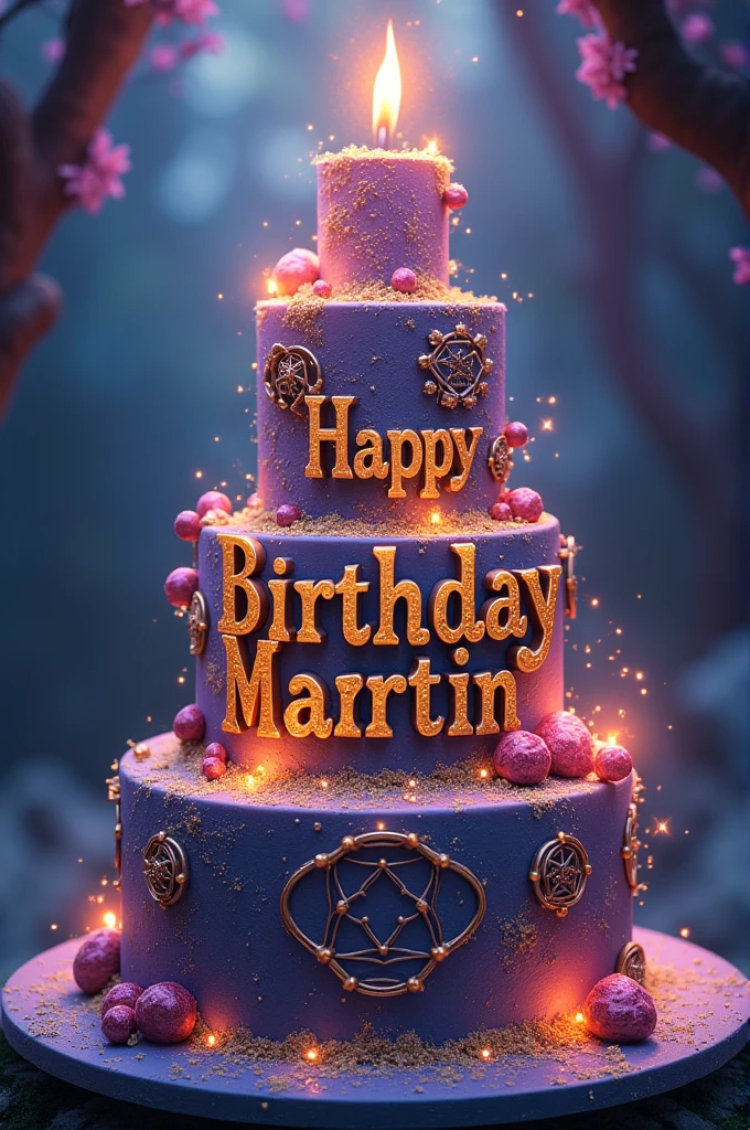 Spectacular multi-level cake that says textually "Happy Birthday Martín ...